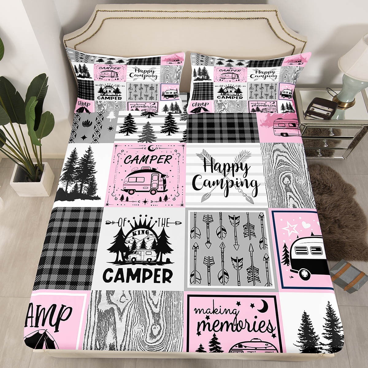 YST Girls Pink Camper Bedding Set Full Happy Camping Bed Sheets,Rv ...