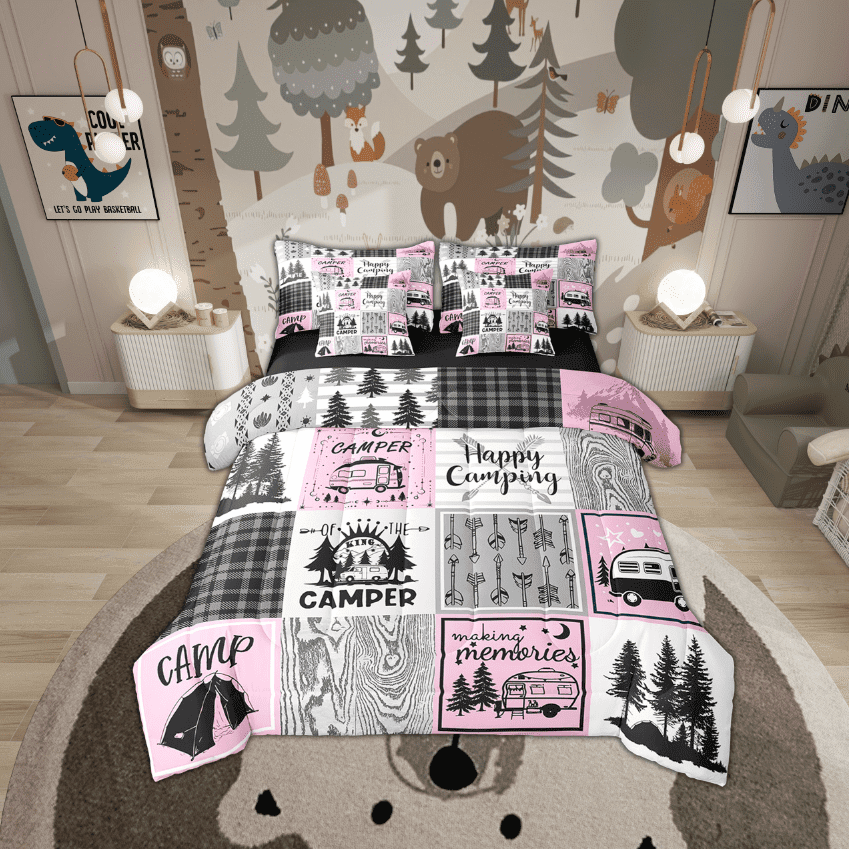 Pink Camper Queen Bedding Set With Sheets 7 Piece Camping Comforter Set ...