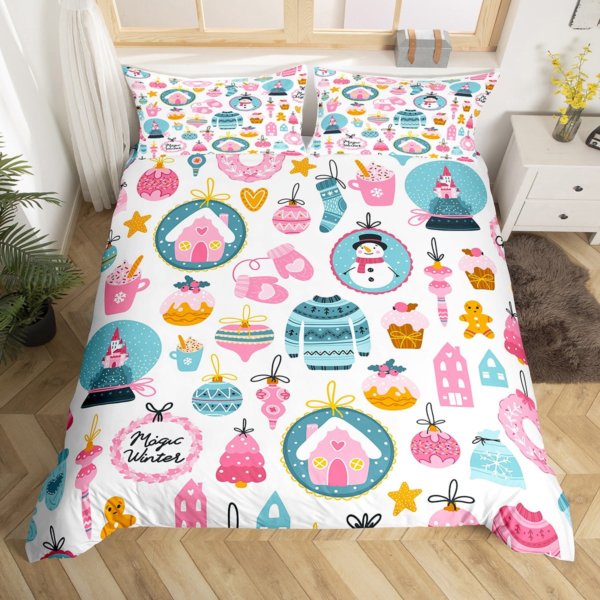 YST Girls Pink Christmas Twin Bedding Set,Kids Cute Christmas Snowman ...