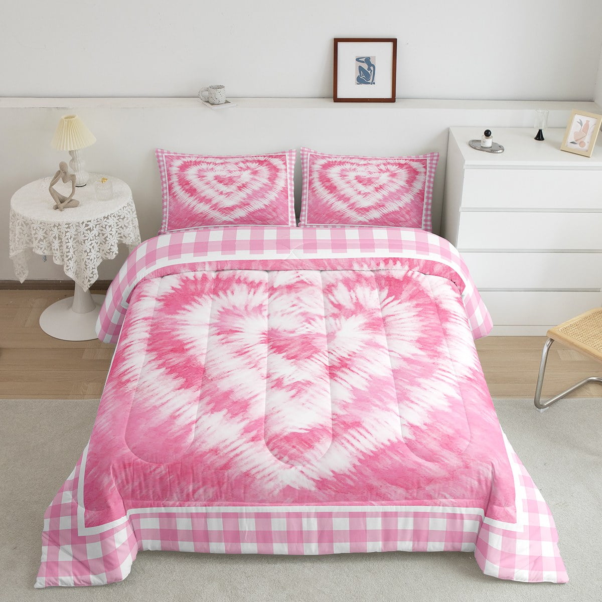 YST Girls Pink Comforter King Pastel Love Heart Bedding Set, Buffalo ...