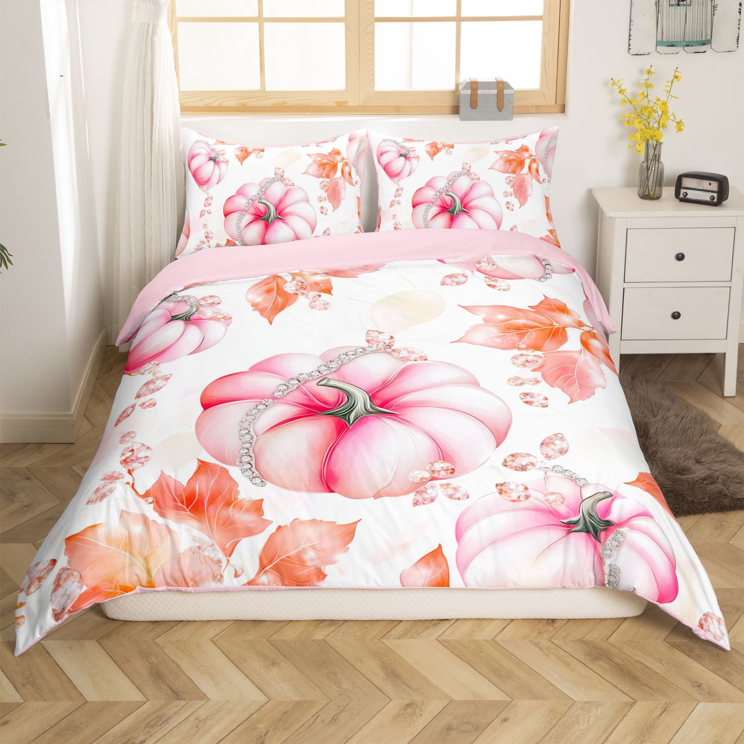 Pink Fall Comforter Set Queen,Maple Leaves Pumpkin Quilt Set Glitter ...