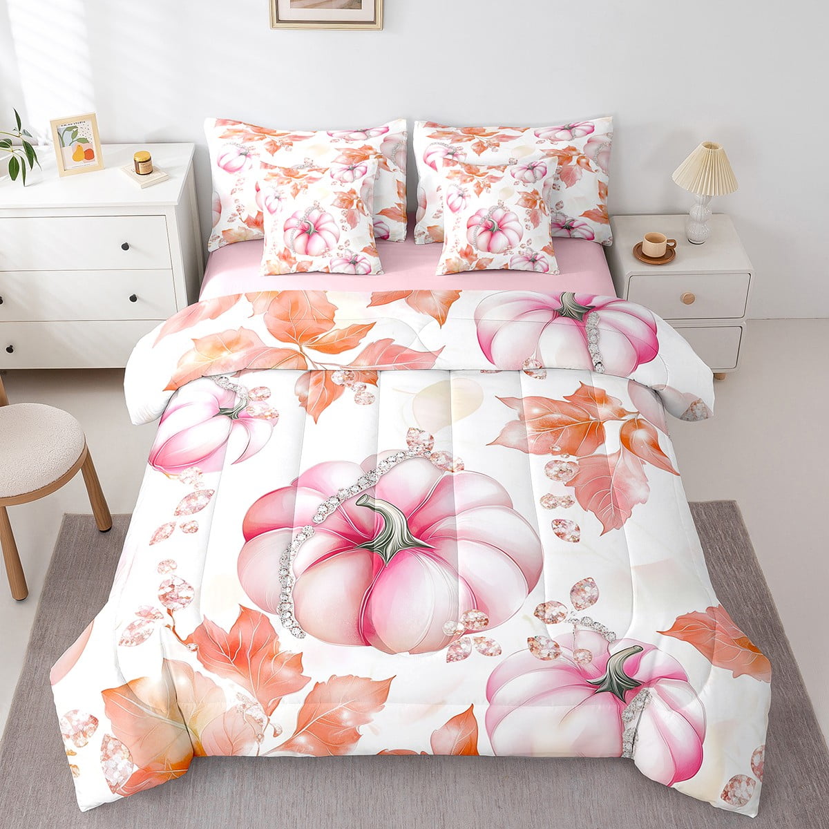 YST Girls Pink Fall Twin Comforter Set 7 Piece,Maple Leaves Pumpkin ...
