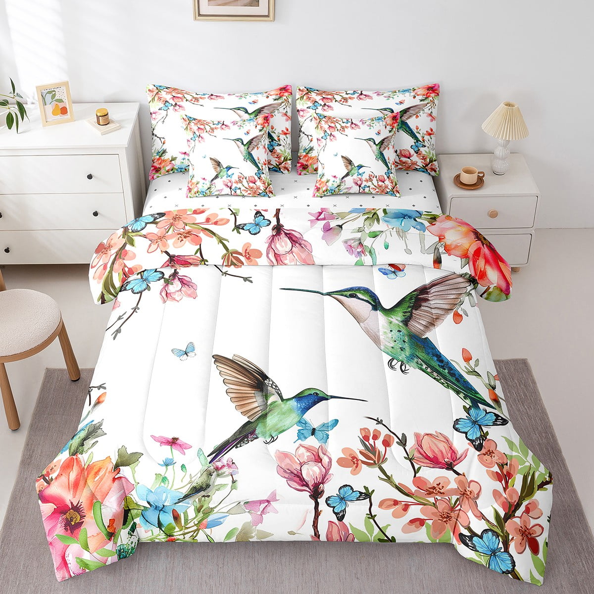 YST Girls Pink Floral Comforter Set Queen 7 Piece Butterfly Hummingbird ...