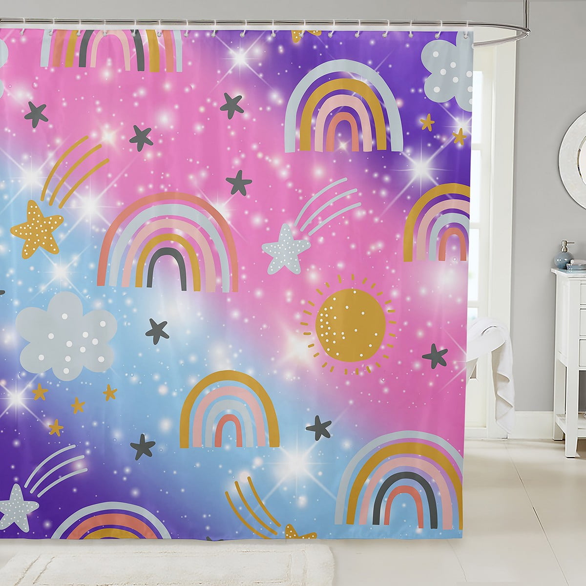 YST Girls Pink Glitter Shower Curtain, Rainbow Bath Curtain For Toddler ...