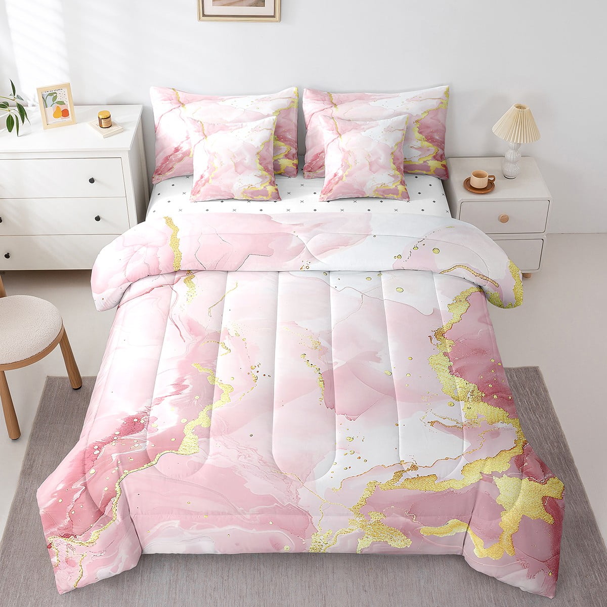 Erosebridal Pink Marble Bed in a Bag 7-Piece Pastel Marbling Bedding ...