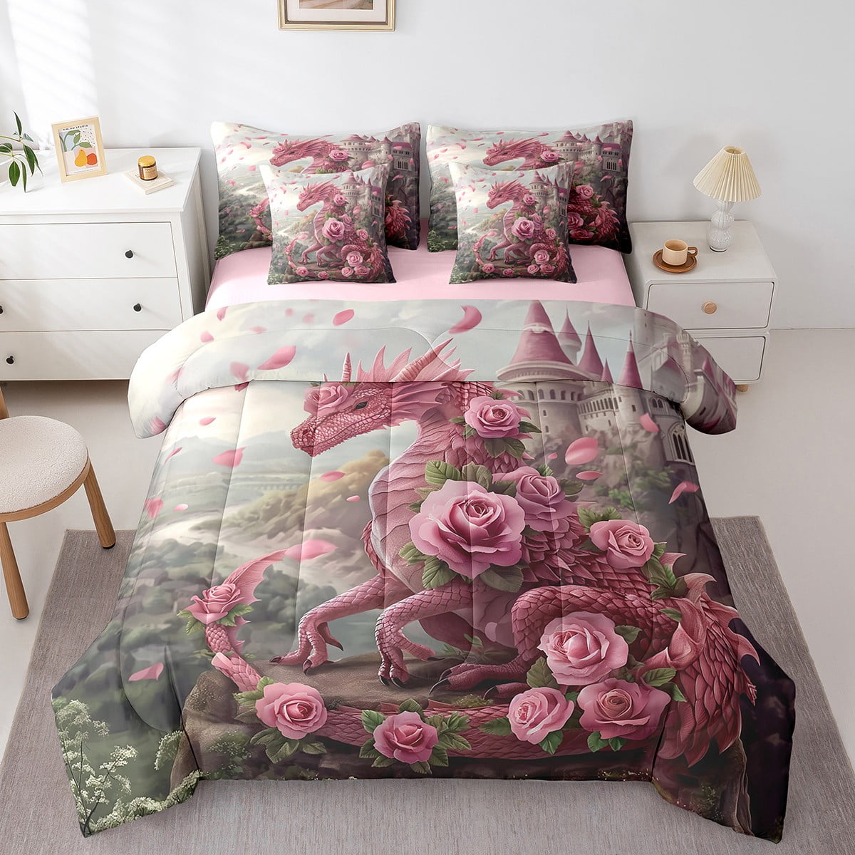 Pink Rose Dragon Comforter Set 7 Piece Twin Cute Kawaii Western Fantasy ...