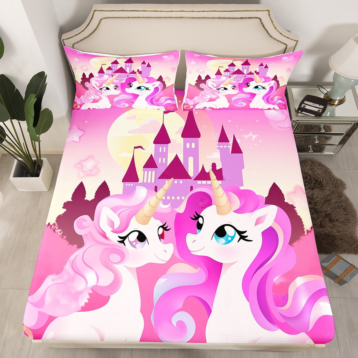 YST Girls Pink Unicorn Bed Sheets Full Size,Stars Moon Bedding Set ...