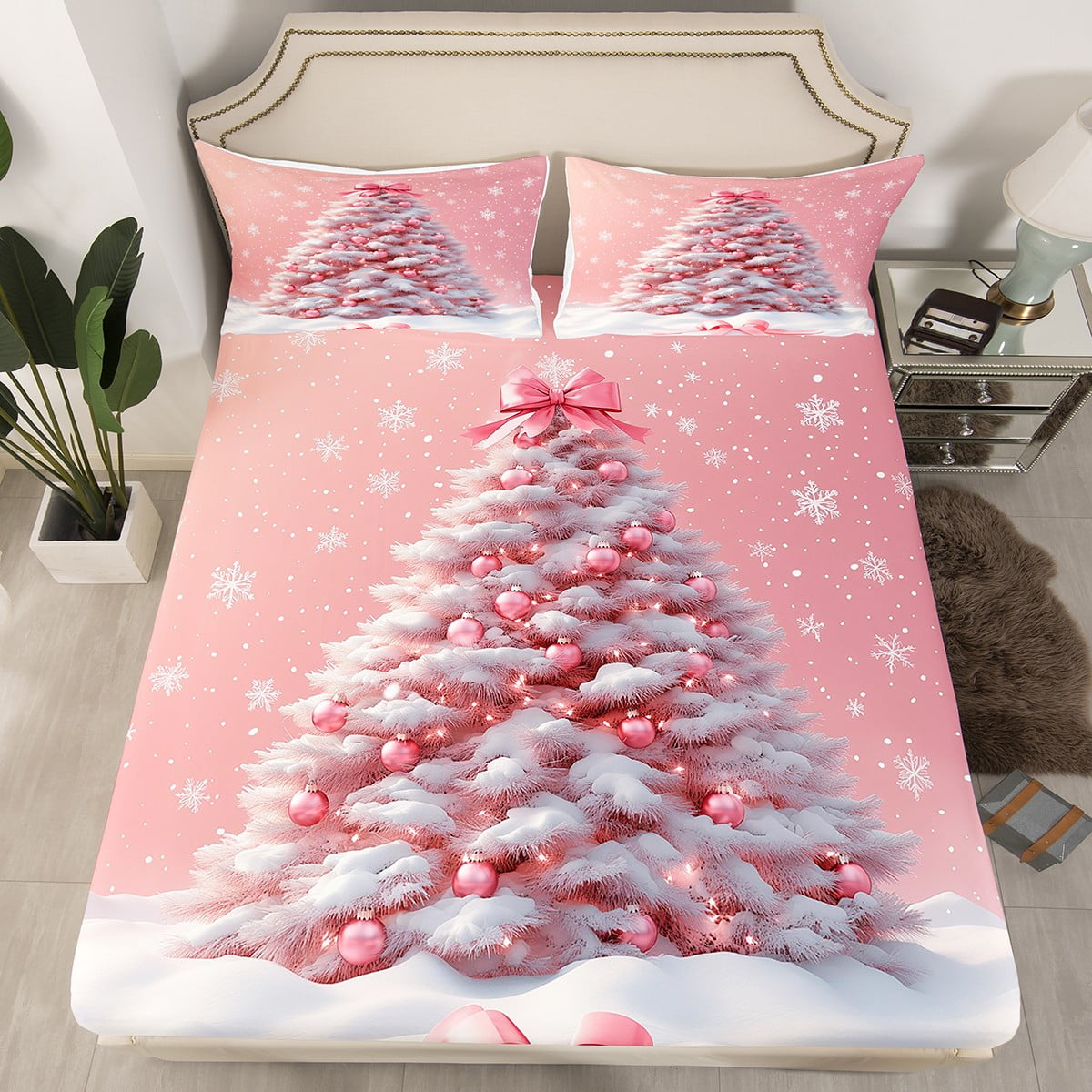 YST Girls Pink Xmas Tree Bedding Twin Size Christmas Theme Bed Sheets, Pink and White Fitted ...