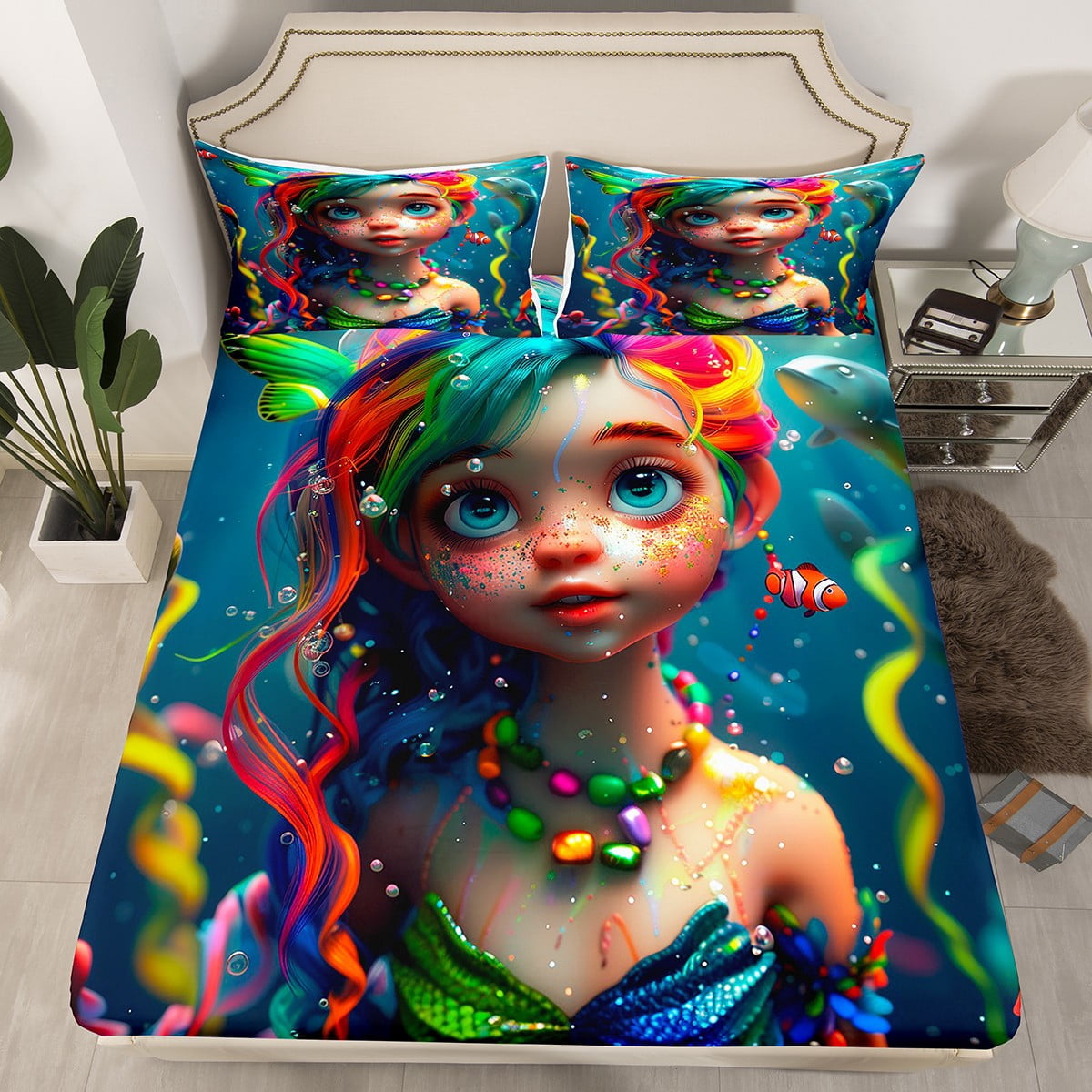 YST Girls Princess Bedding Queen Size Cartoon Mermaid Bed Sheets, Ocean ...