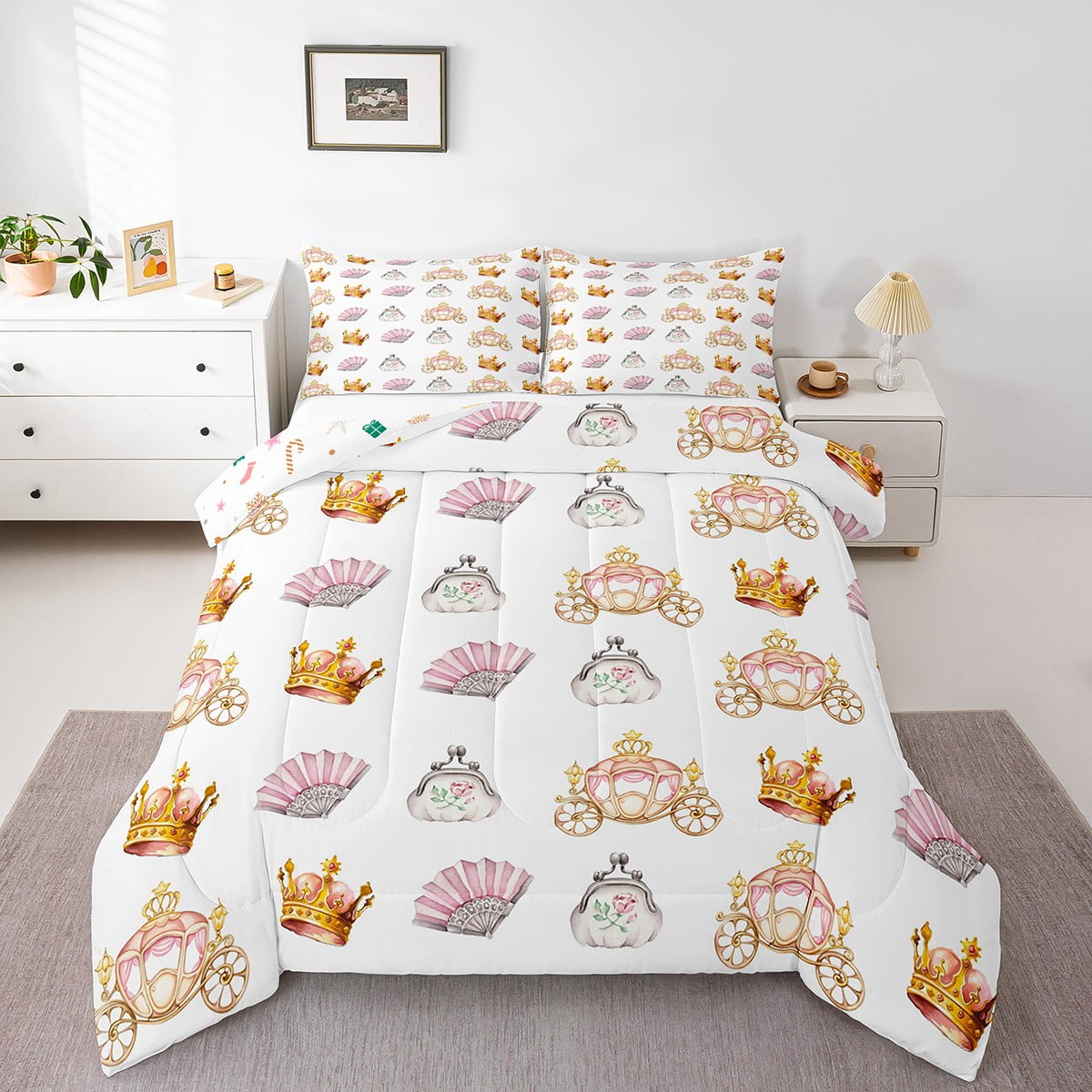 YST Girls Princess Bedding Set King Princess Carriage Fan Crown ...