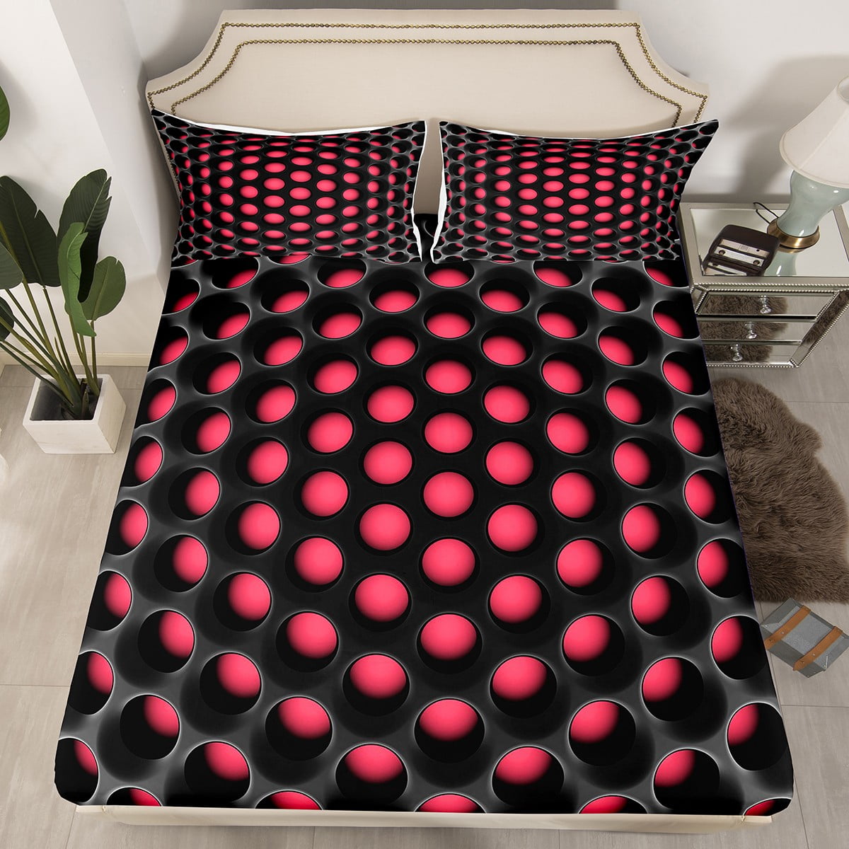 YST Girls Queen Pink And Black Bedding Set Geometric Bed Sheets For ...