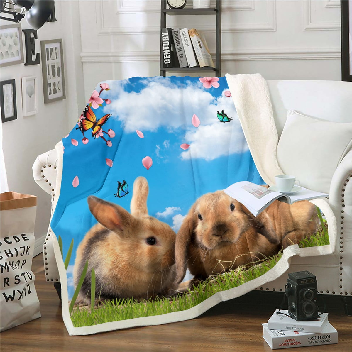 Rabbit Fleece Blanket Cute Bunnies Sherpa Blanket, Chic Cherry Blossoms ...