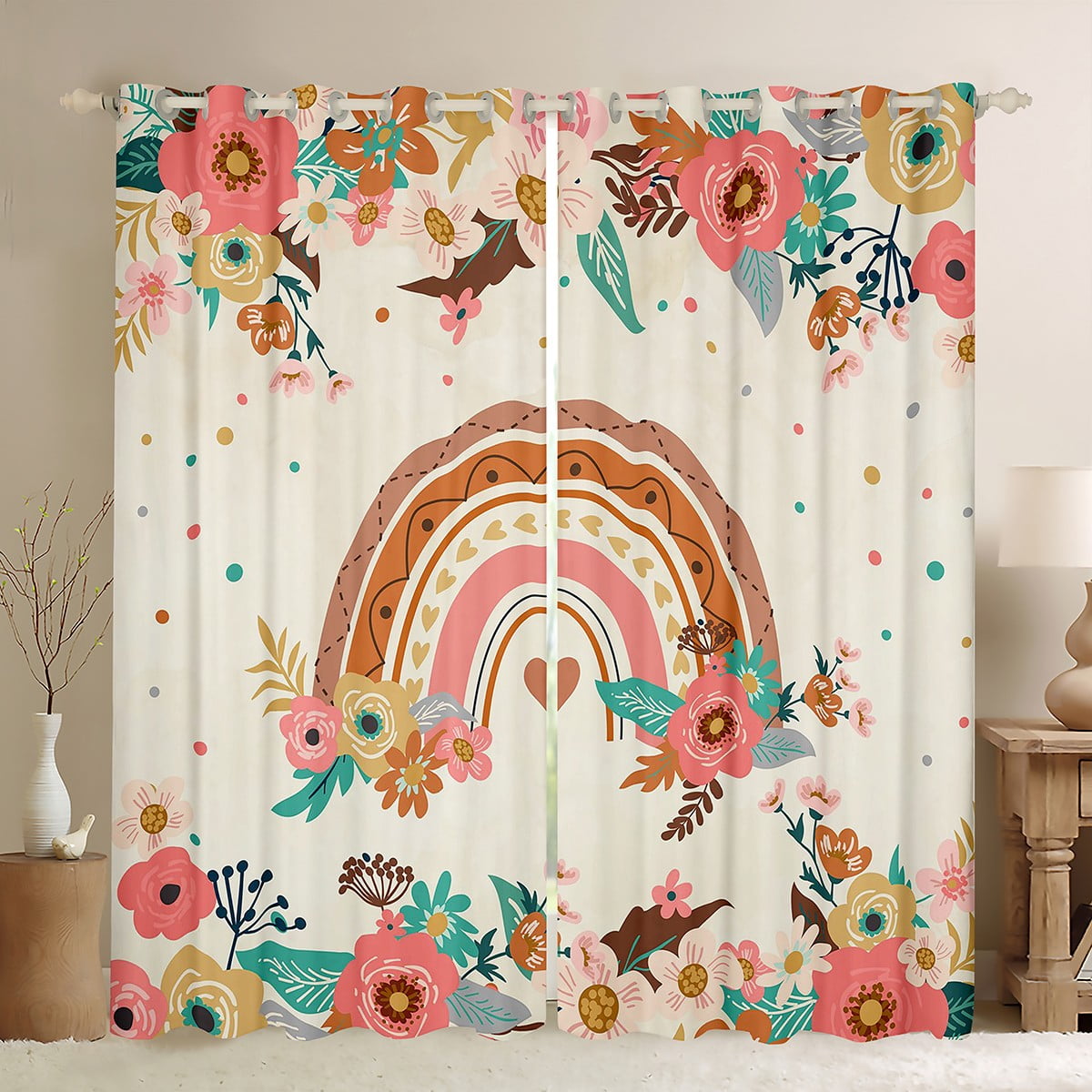Rainbow 52"Wx84"L 30%-50% Blackout Curtains Colorful Bohemian Flowers ...