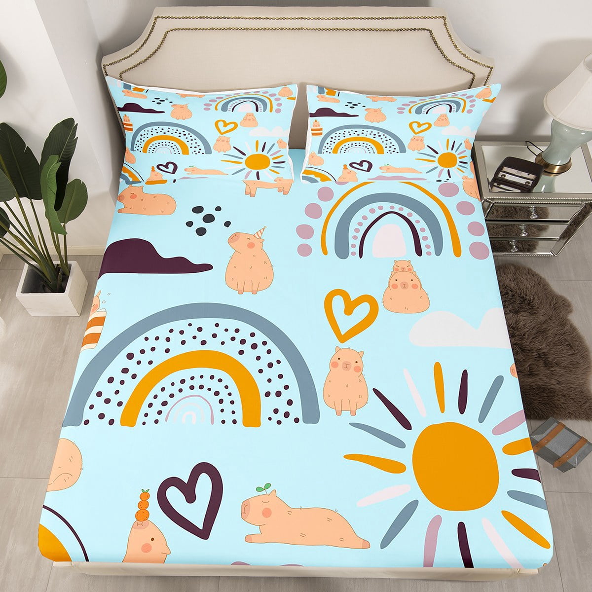 Erosebridal Rainbow Bedding Set Full, Capybara Lover Bed Sheets Kawaii ...