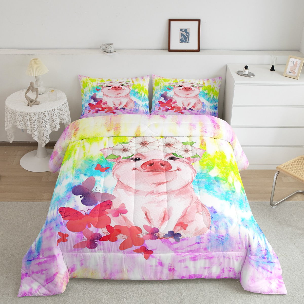 YST Girls Rainbow Comforter Full Cute Pig Bedding Set, Red Butterfly ...
