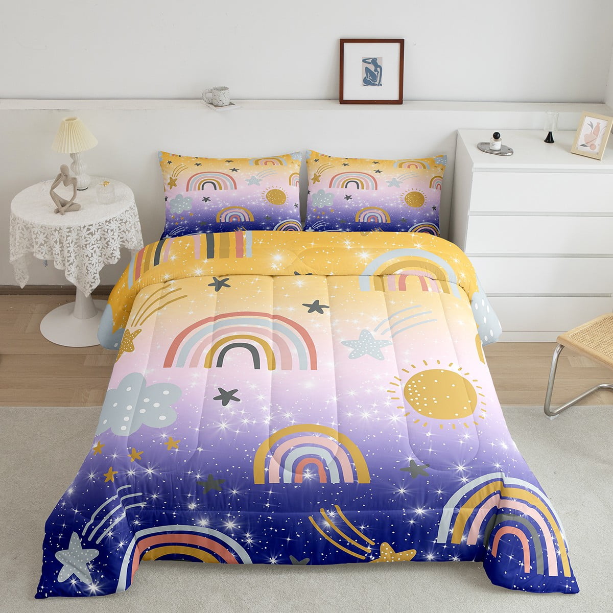 Rainbow Comforter Set Full Size, Pastel Ombre Glitter Bedding Set Tie ...