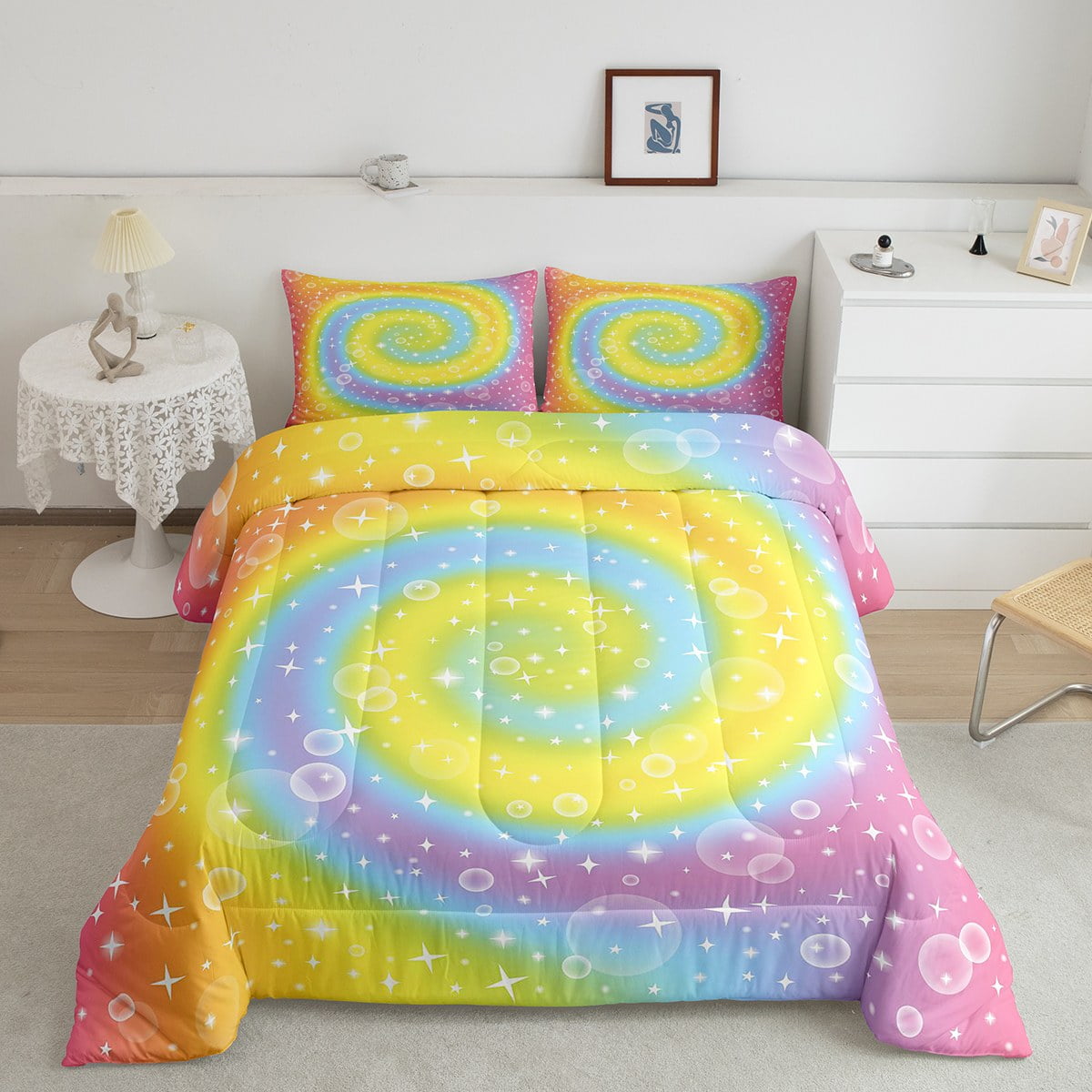 YST Girls Rainbow Comforter Twin Colorful Galaxy Bedding Set for Kids ...