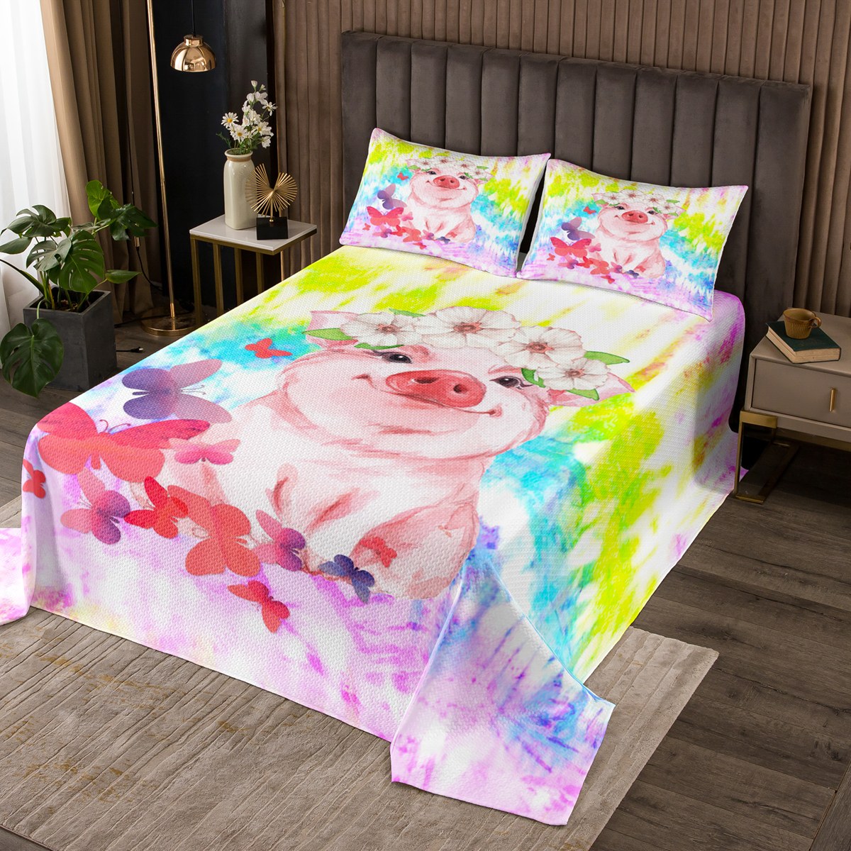YST Girls Rainbow Coverlet Queen Size Cute Pig Bedding Set, Red ...