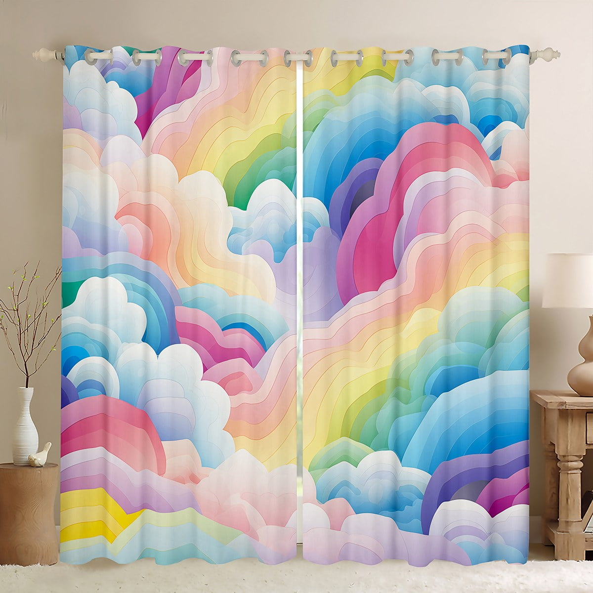 Erosebridal Rainbow Curtains Colorful Cloud Blackout Curtains 104x84 Cartoon Geometric Stripe ...