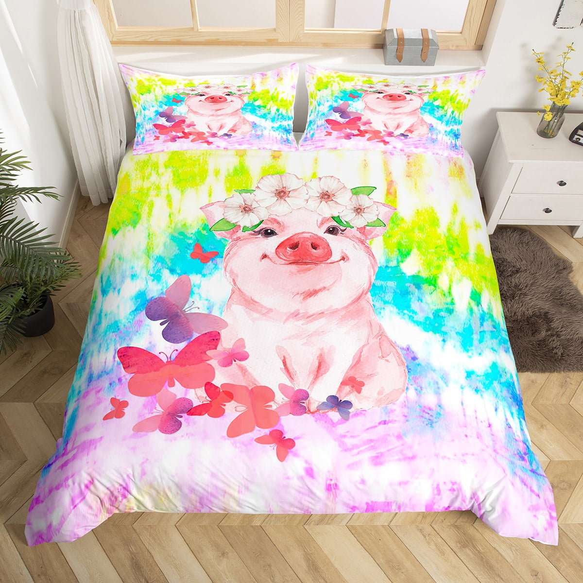 YST Girls Rainbow Duvet Cover Queen Cute Pig Bedding Set, Red Butterfly ...