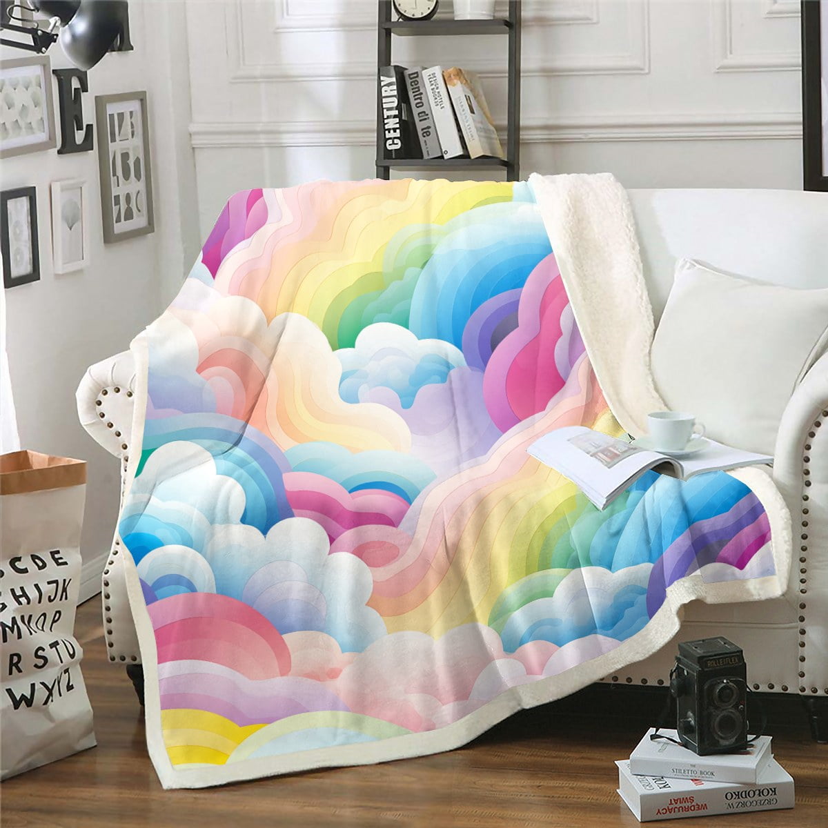 Rainbow Fleece Blanket Colorful Cloud Sherpa Blanket Cartoon Geometric ...