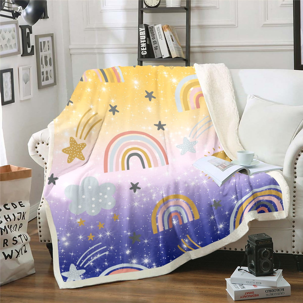 YST Girls Rainbow Sherpa Blanket 40"X50", Pastel Ombre Glitter Fleece Blanket Tie Dye Galaxy ...