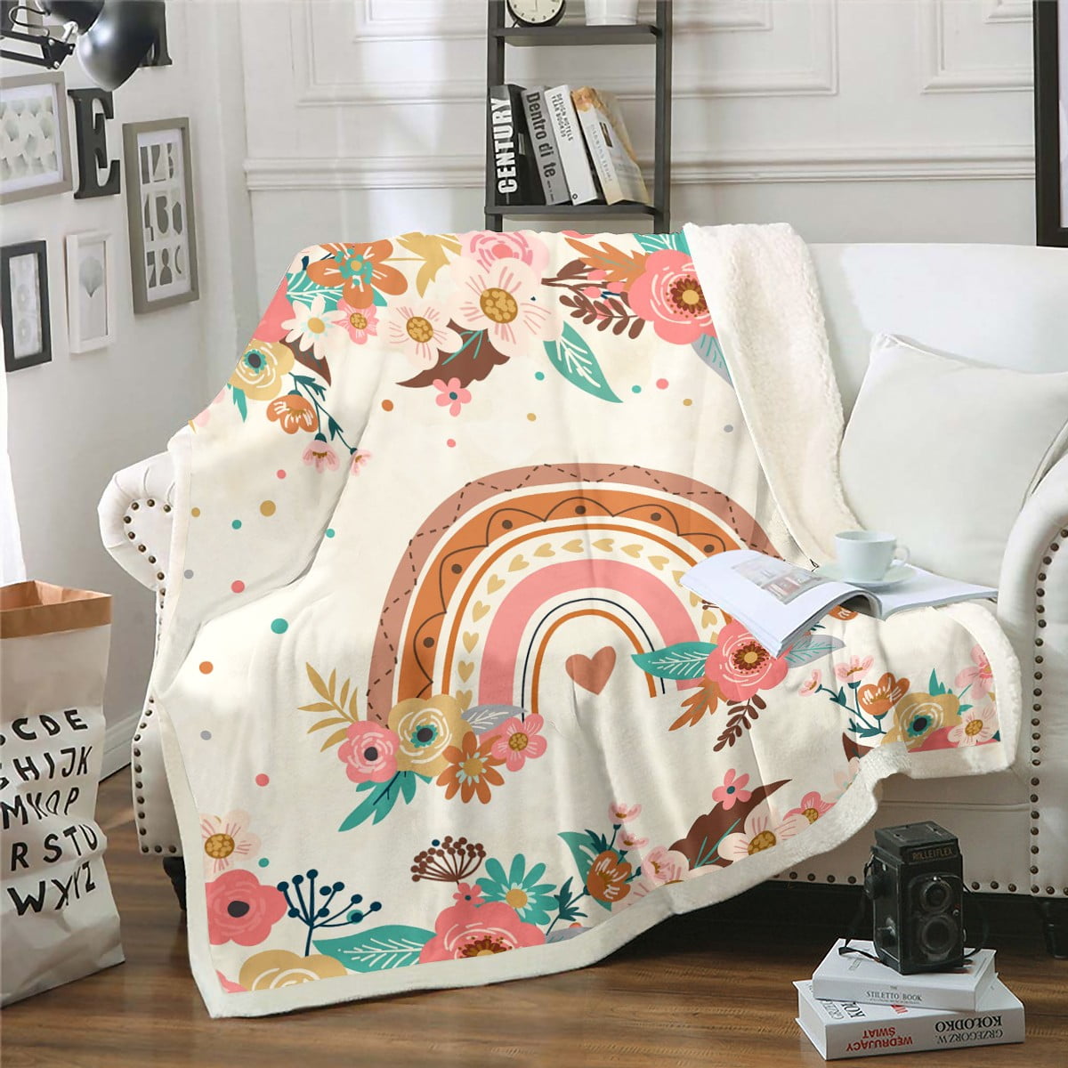 Rainbow Throw Blanket Throw 50"X60" Colorful Bohemian Flowers Fleece ...