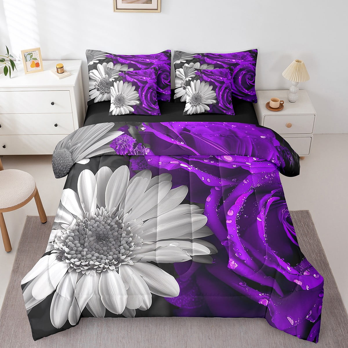 Erosebridal Rose 7 Pcs Comforter Set Queen,Purple Gray Black Rose Bed ...