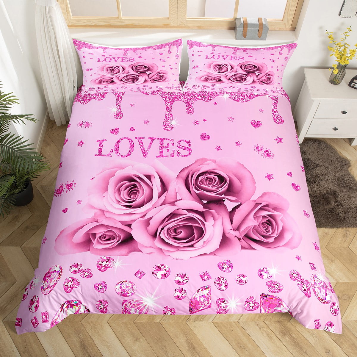 Rose Floral Bedding Set Queen Romantic Rose Pink Duvet Cover Cute ...