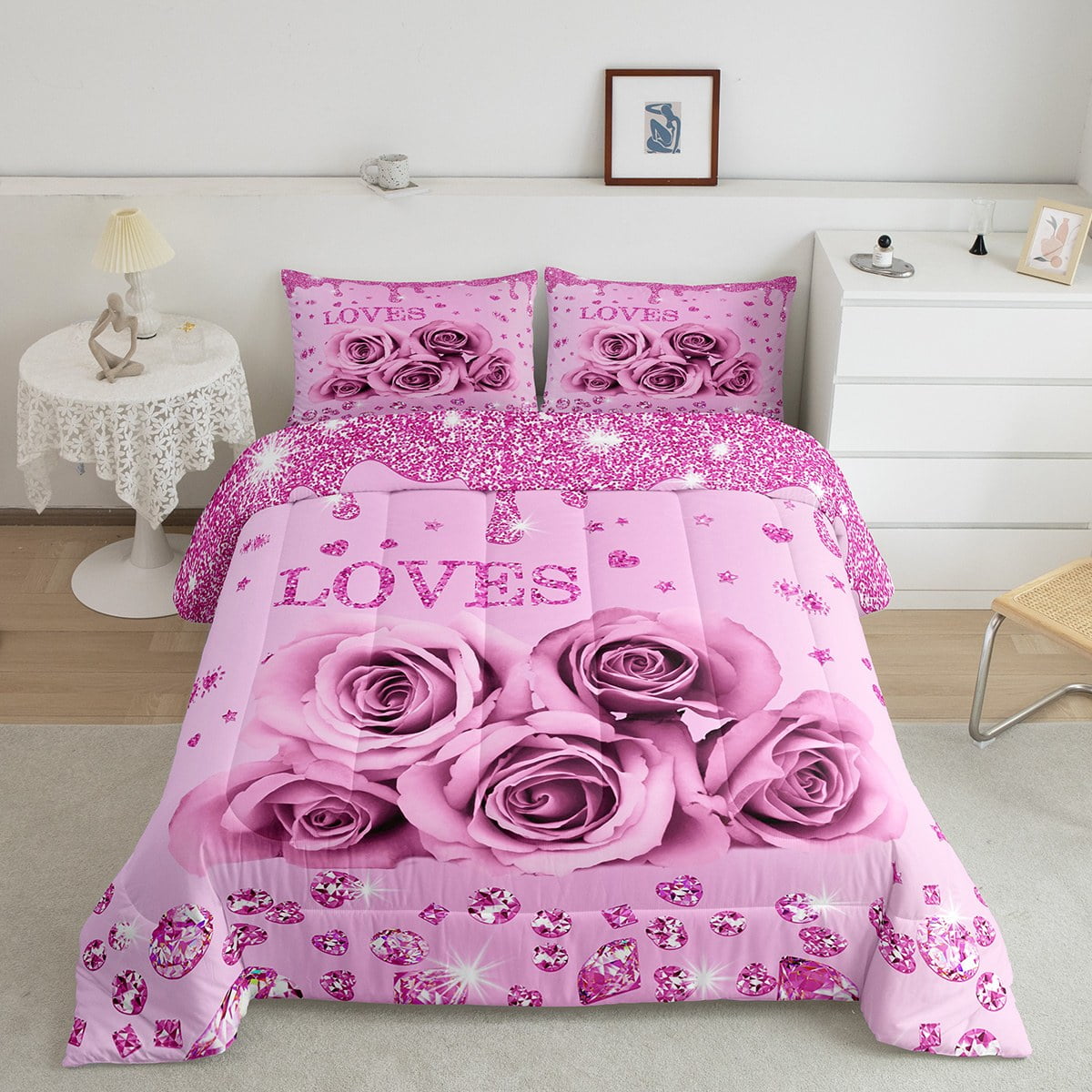 Erosebridal Rose Floral Bedding Set Twin Size Romantic Rose Pink ...