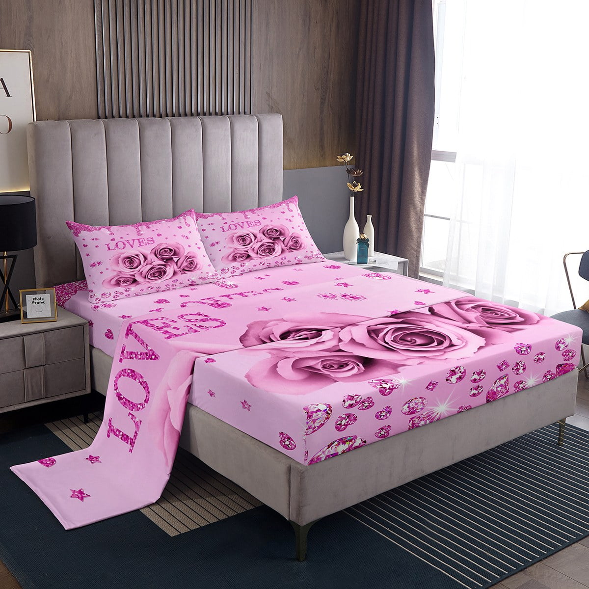 YST Girls Rose Floral Sheet Set Queen Romantic Rose Pink Bed Sheets ...