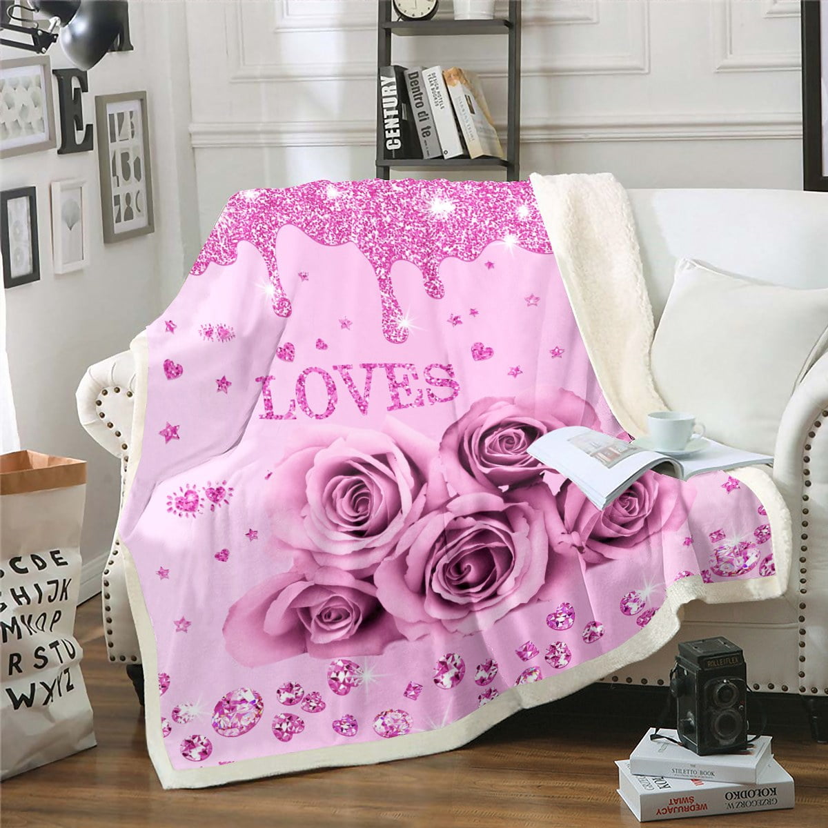 Rose Floral Throw Blanket Throw 50"X60" Romantic Rose Pink Sherpa ...