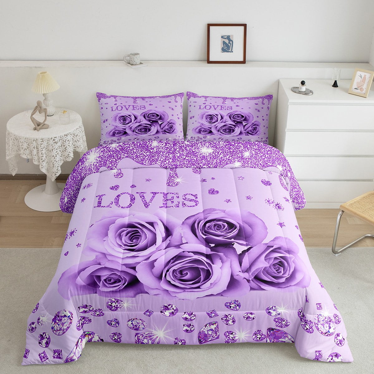 Erosebridal Rose Flower Comforter Set Twin Romantic Lavender Rose ...