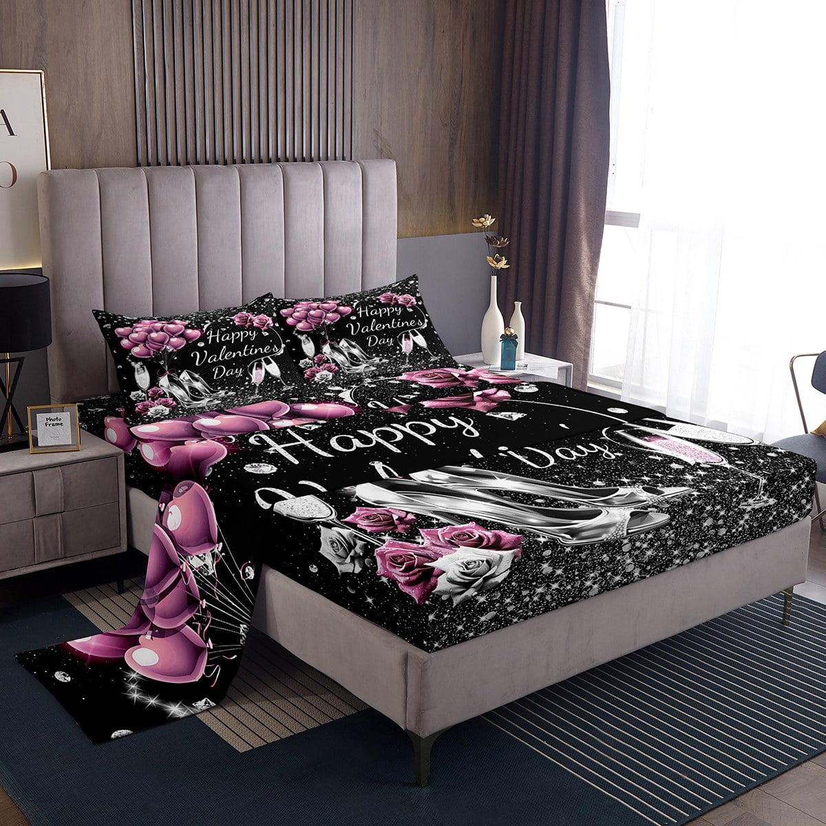 Erosebridal Rose Flower Sheets Twin,Pink Black Valentine'S Day Bed ...