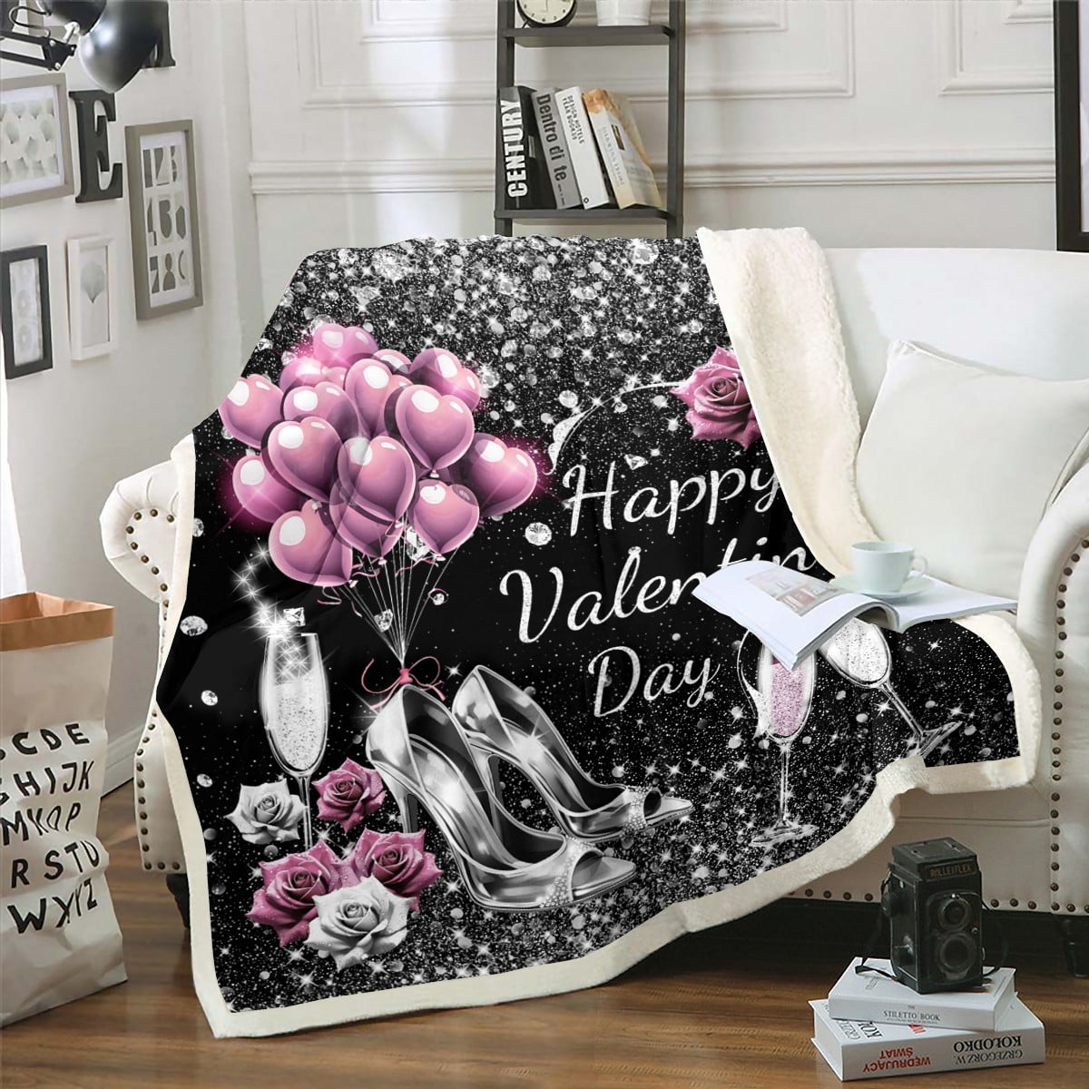 Rose Flower Throw Blanket 40"X50",Pink Black Valentine'S Day Sherpa ...