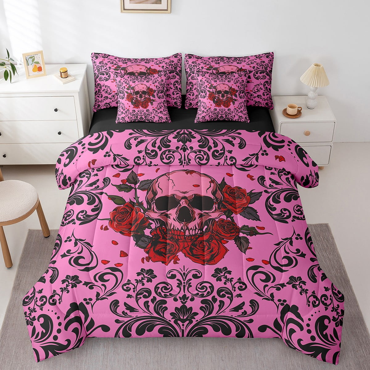 Rose Skull Comforter Set 7 Piece Queen,Pink Black Damask Floral Gothic ...
