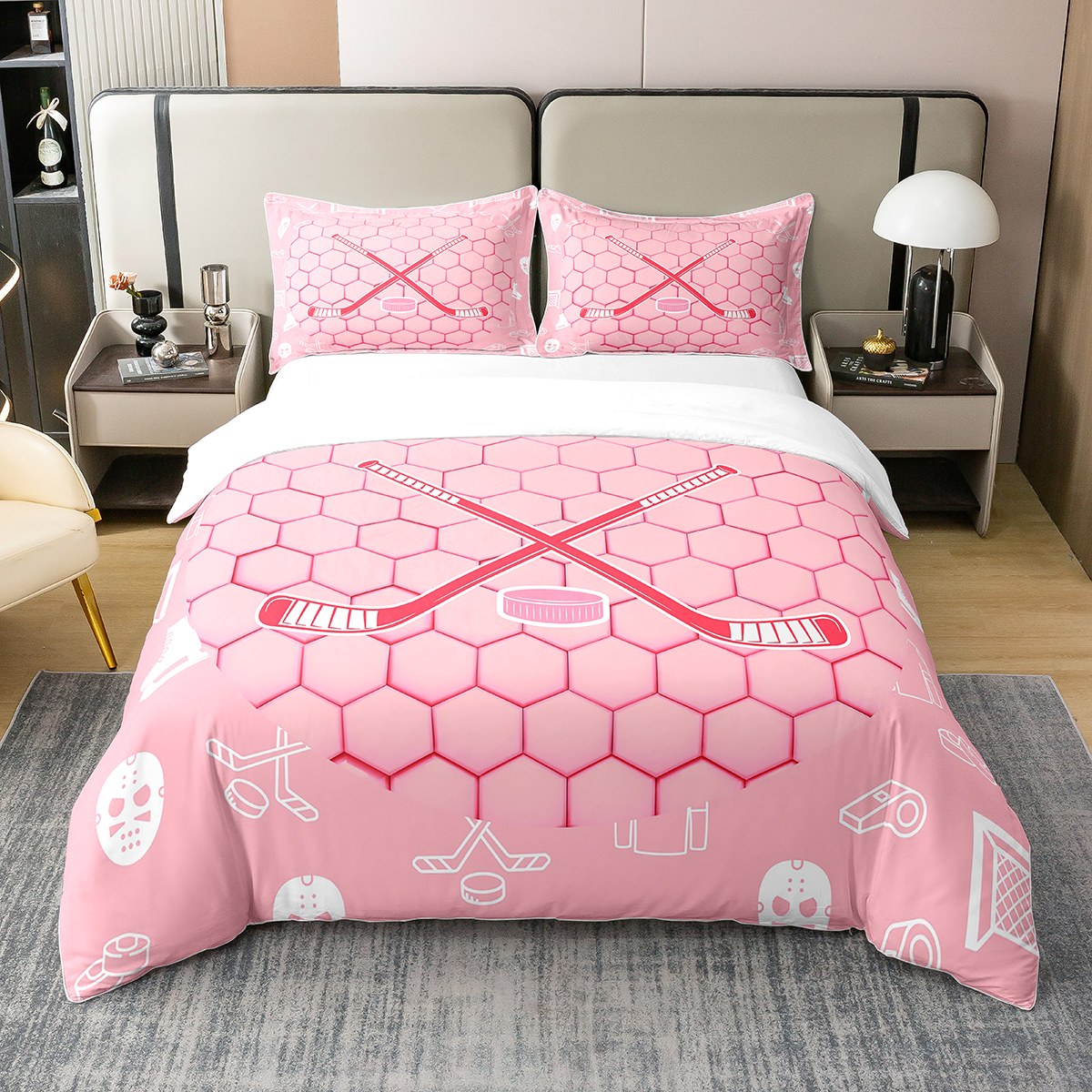 Sports 100% Cotton Bedding Set Twin,Pink Ice Hockey Duvet Cover,Cute ...