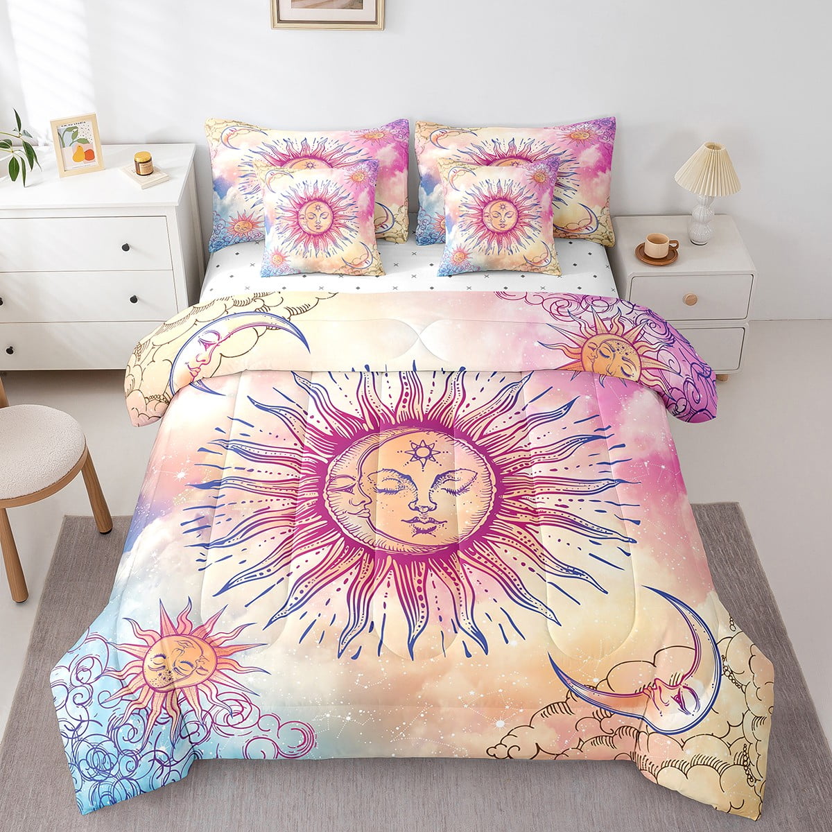 YST Girls Sun And Moon Bedding Set King 7 Pcs Stars Constellation Galaxy Comforter Set With ...