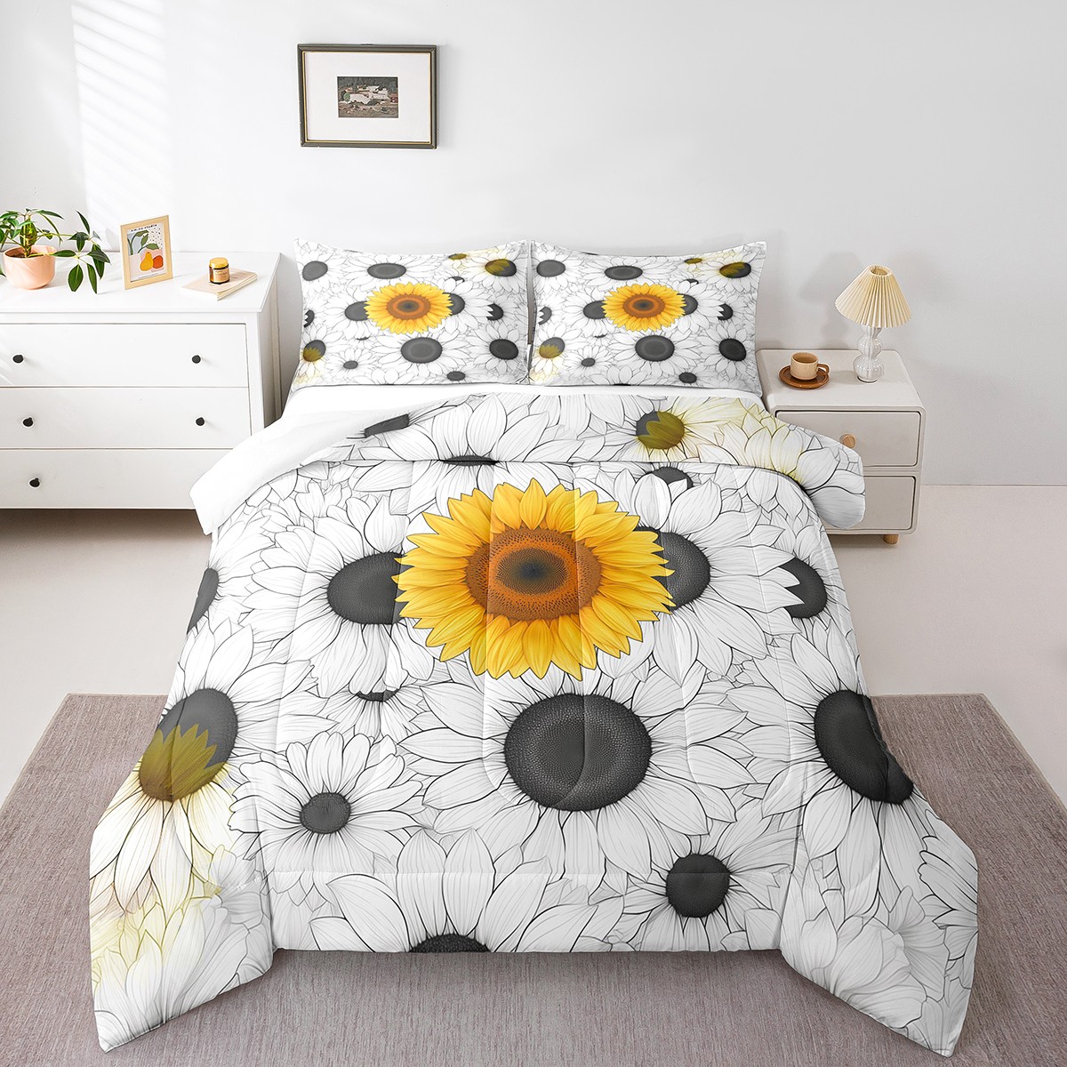 Sunflower Bedding Sets Queen Yellow White Floral Comforter Set,Garden ...