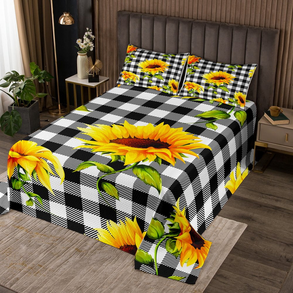 Erosebridal Sunflower King Quilt Set Black White Buffalo Coverlet Set ...