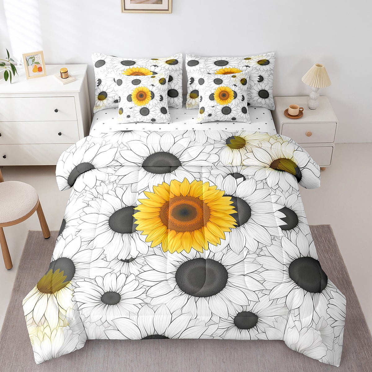 YST Girls Sunflower Queen Bedding Sets 7-Piece Yellow White Floral ...