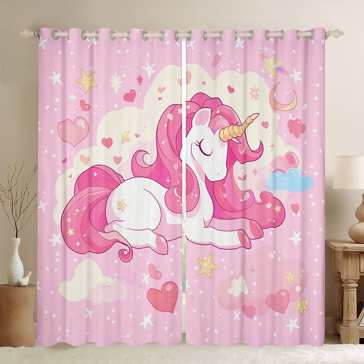 Unicorn Curtains 42"Wx84"L 2 Panels,Pink Unicorn 30%-50% Blackout Curtains Cartoon Kawaii Animal ...