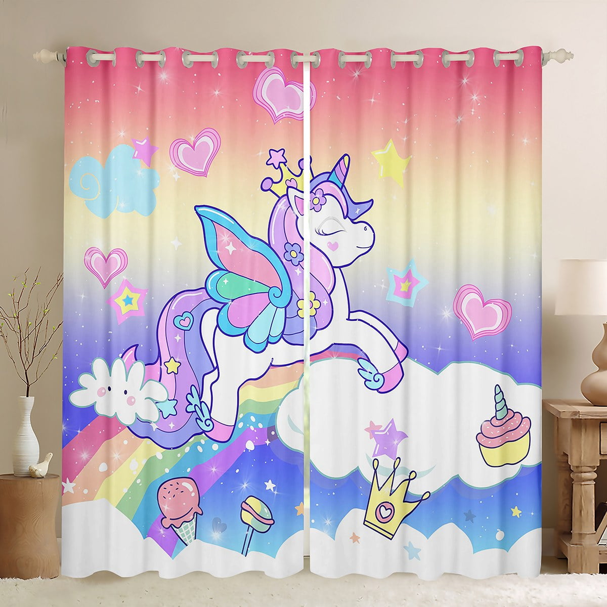 YST Girls Unicorn Curtains Drapes 38"Wx45"L Cute Unicorn Blackout ...