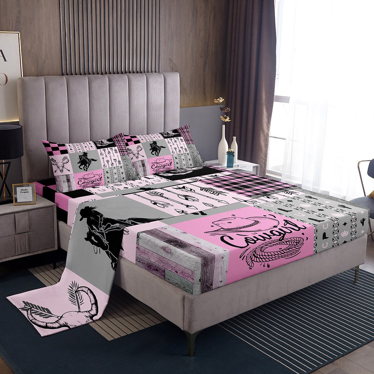 YST Girls Western Bed Sheets Queen Pink Grey Cowgirl Kids Sheet Set ...