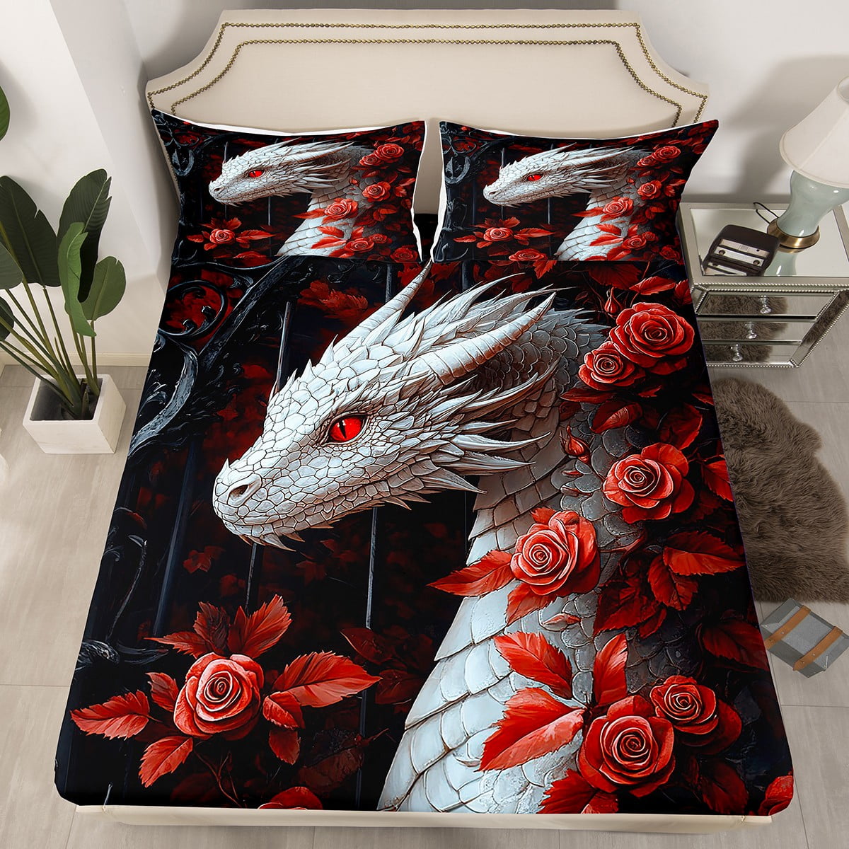 YST Girls White Dragon Bed Sheets Full Red Rose Floral Gothic Bedding ...