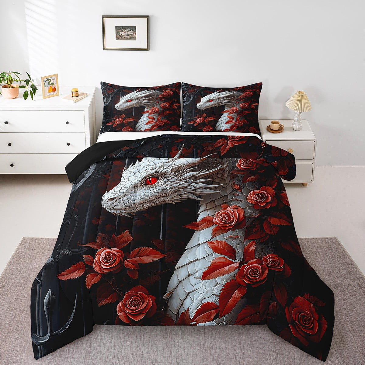 YST Girls White Dragon Bedding Set Queen Red Rose Floral Gothic Bedding ...