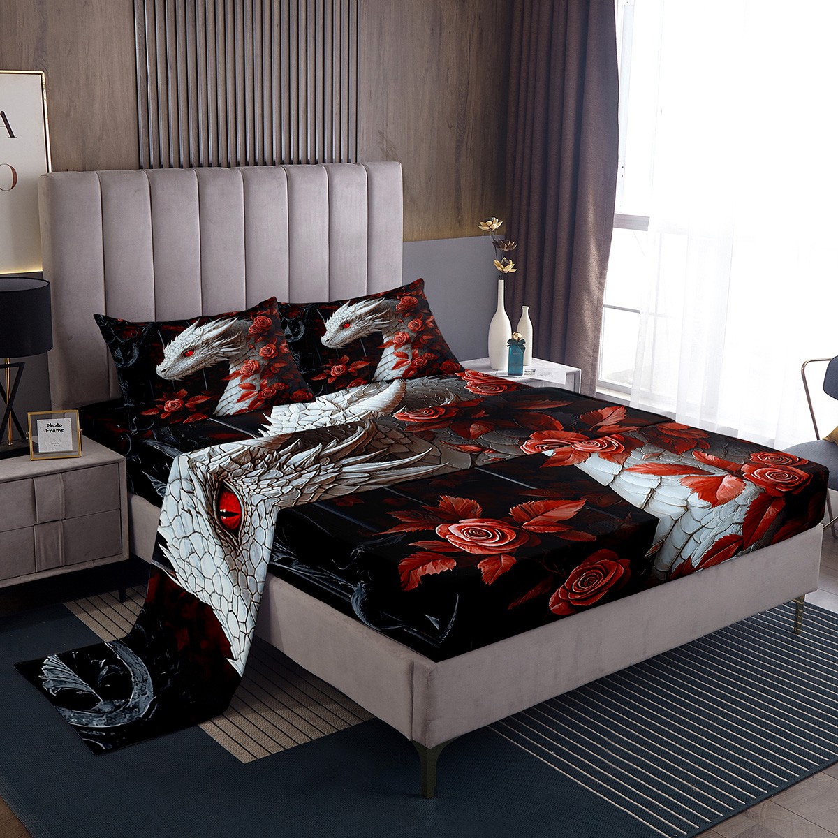 White Dragon Sheet Set King Red Rose Floral Gothic Bedding Sheets ...
