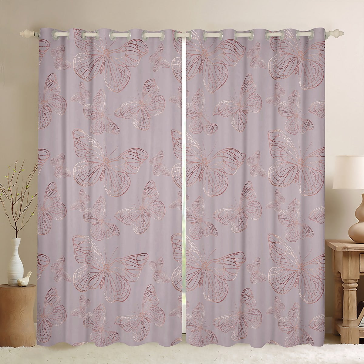 Girly Butterfly Curtains & Drapes Rose Gold 30%-50% Blackout Curtains ...