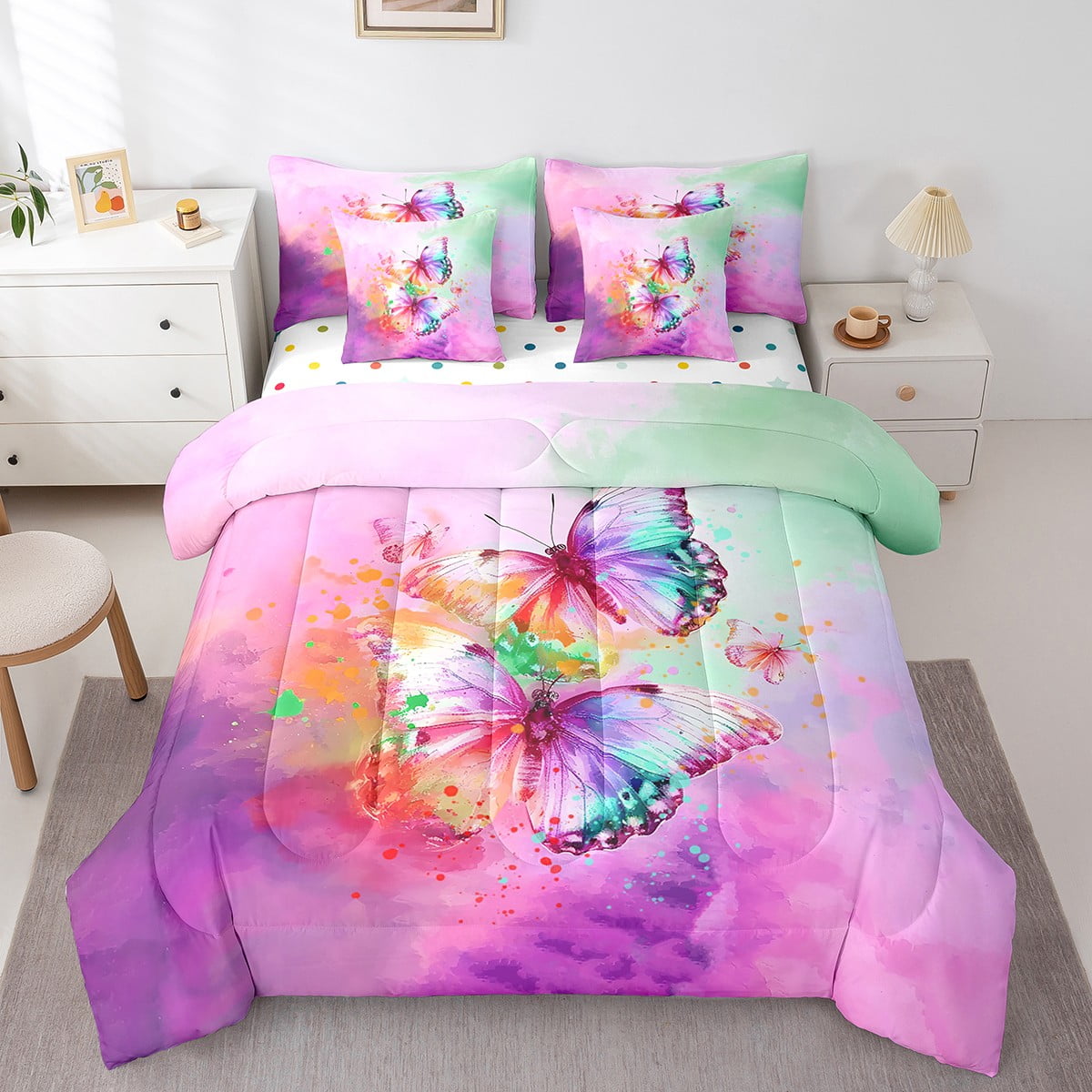 Erosebridal Girly Butterfly Queen Comforter Set 7-Piece Boho Animal ...