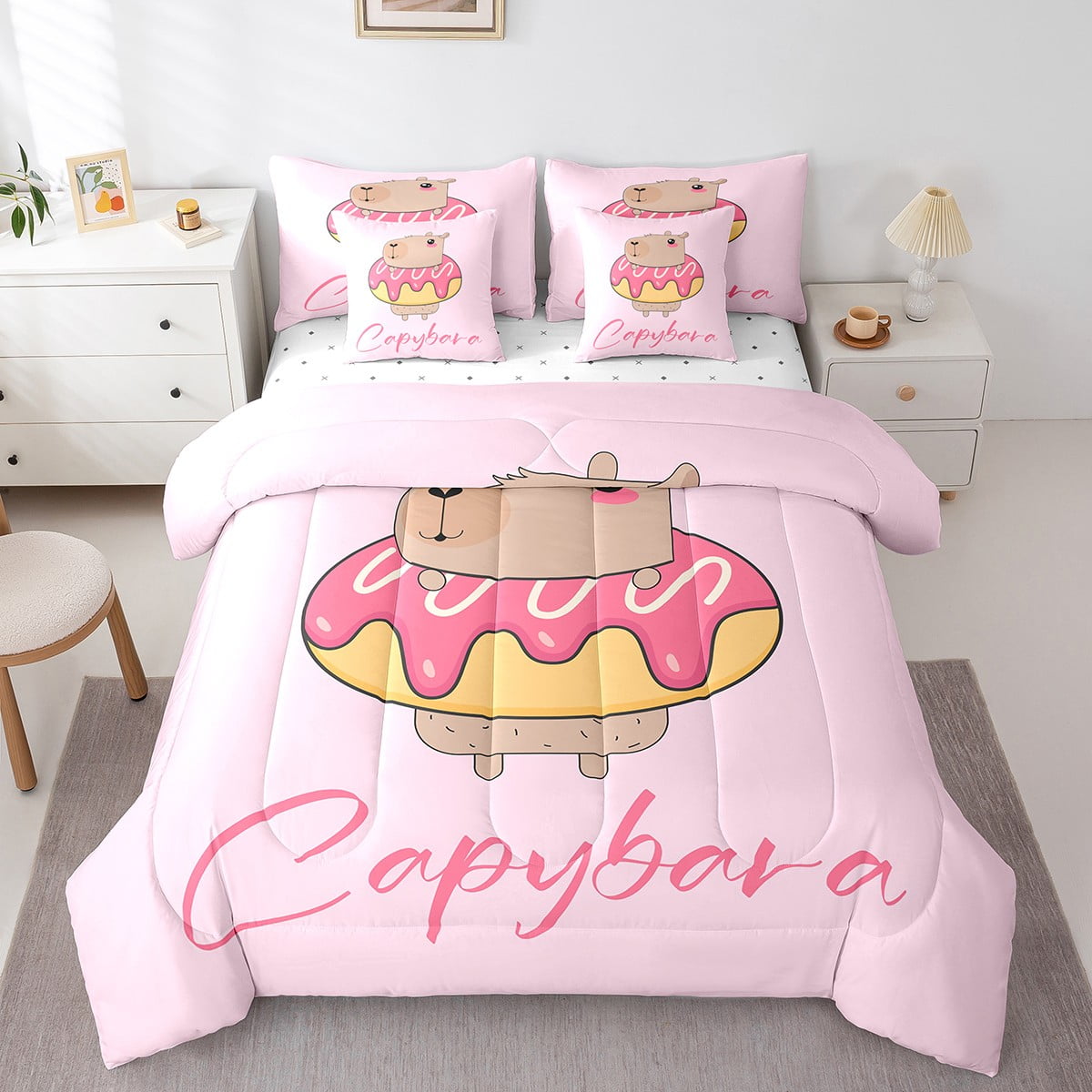 Girly Capybara Twin Size Comforter Set 7 Pcs ,Donut Capybara Bed in a ...